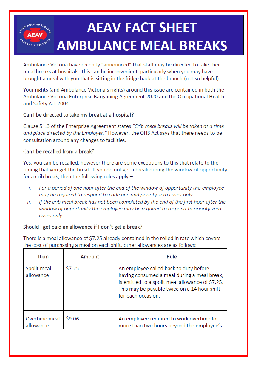 Meal Breaks and Breaks at Hospital – Factsheet – Ambulance Employees ...